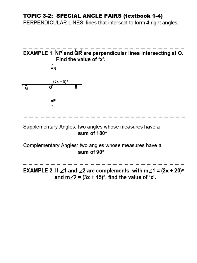 Lesson 3-2 Special Angle Pairs | PDF | Angle | Perpendicular
