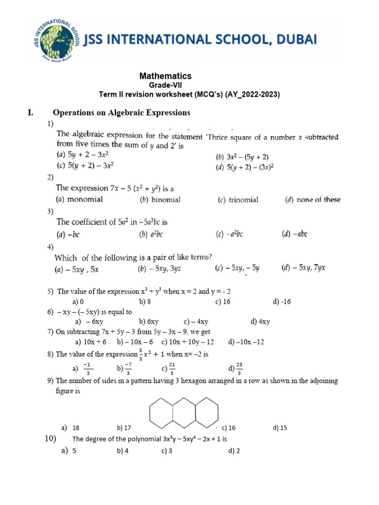 G7_Revision worksheet(MCQ) Term 2-2022-23 | PDF | Rational Number | Equations
