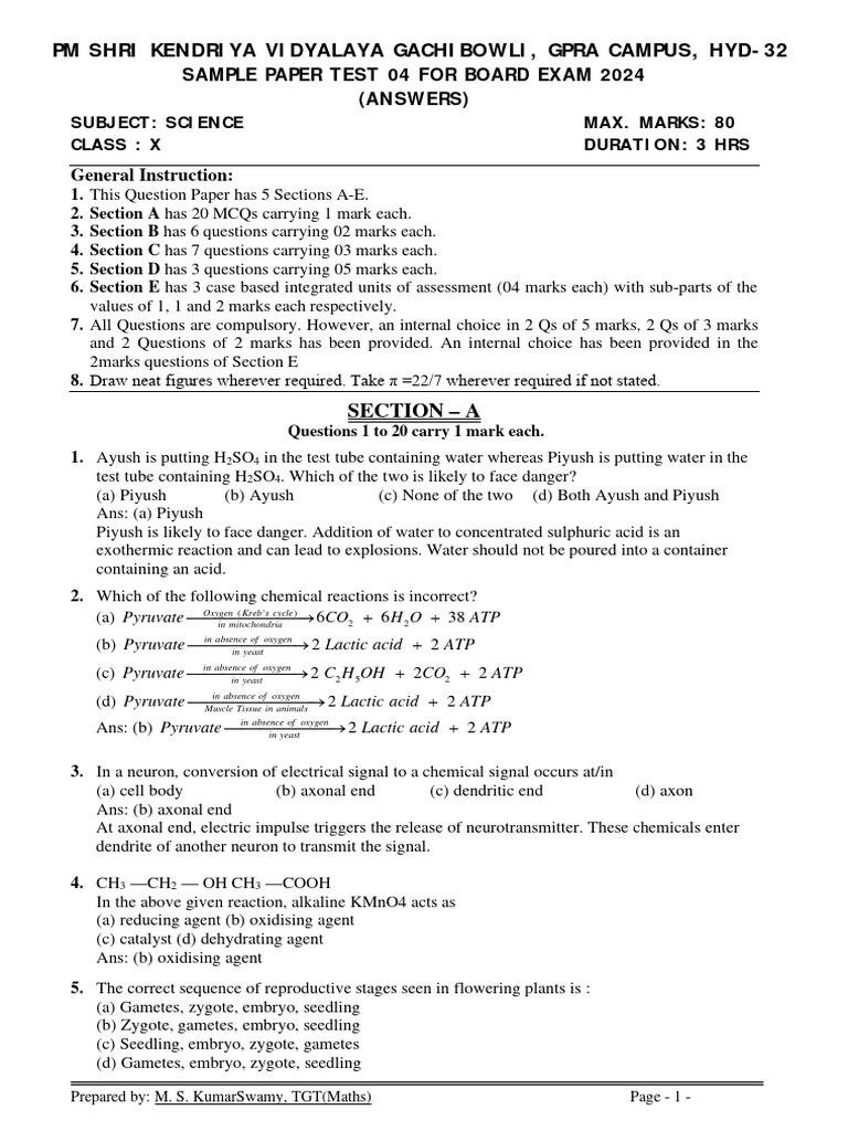 Science Class X Sample Paper Test 04 For Board Exam 2024 Answers | PDF ...