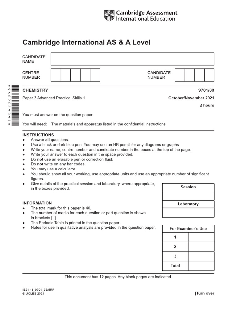 Cambridge International AS & A Level: CHEMISTRY 9701/33 | PDF ...