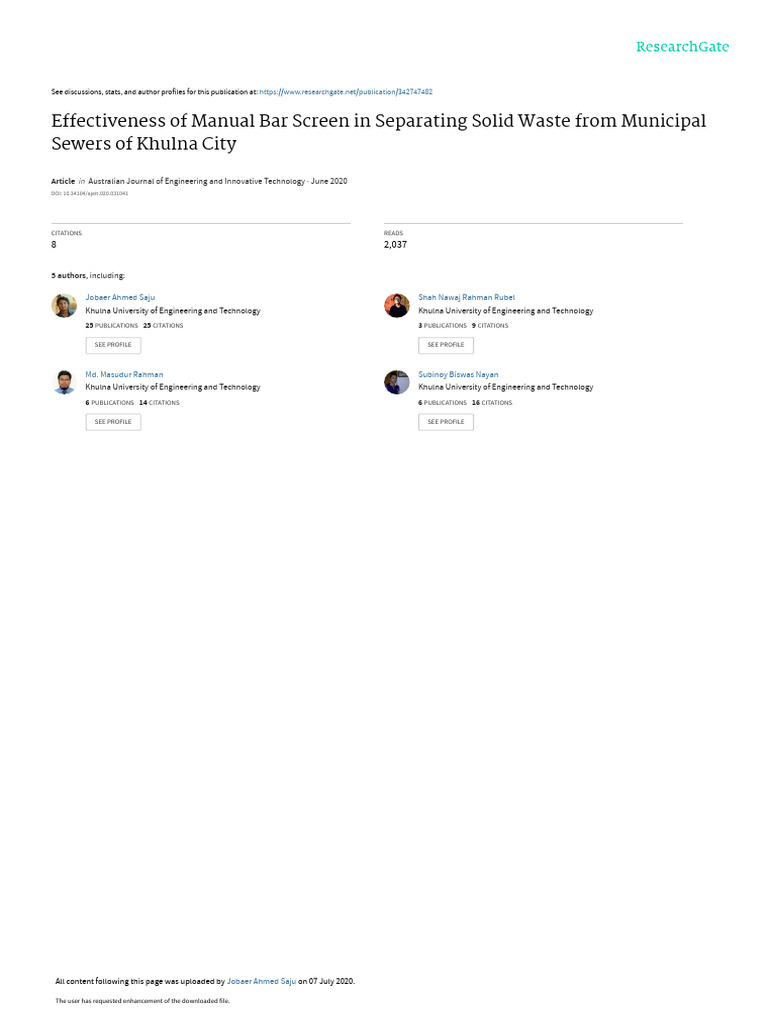 Effectiveness of Manual Bar Screen in Separating Solid Waste From ...