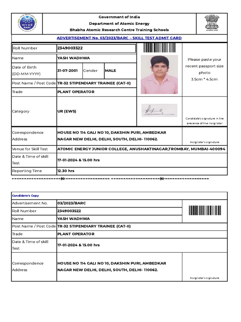 Admitcard Yash | PDF