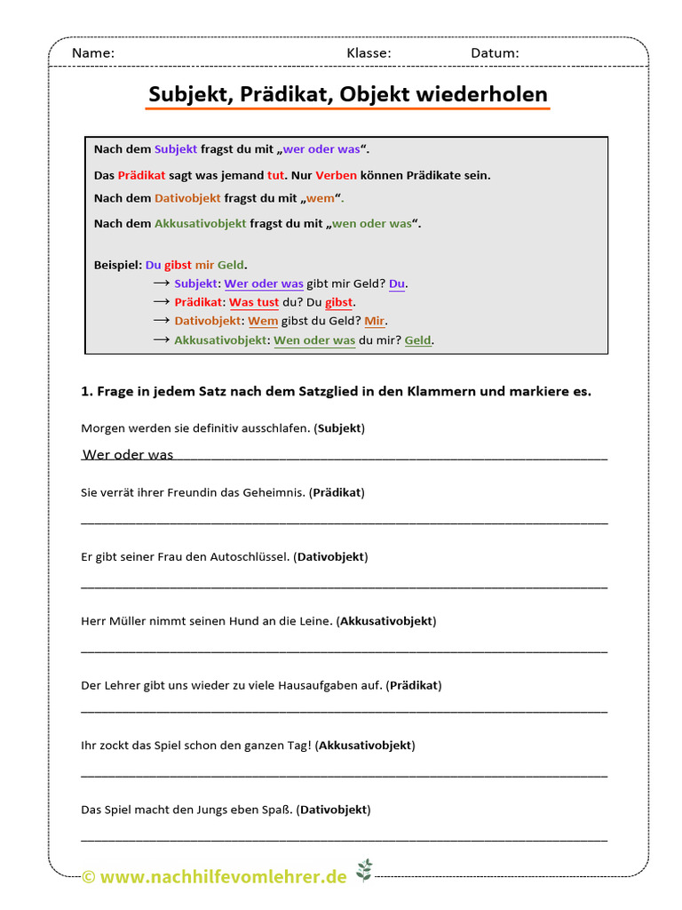 Subjekt, Prädikat, Objekt Wiederholen | PDF