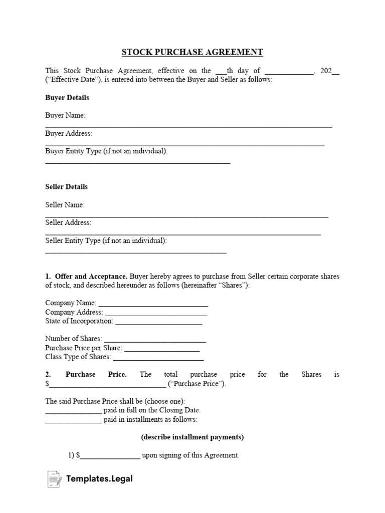 Stock Purchase Agreement Templates - Legal | PDF | Stocks | Private Law