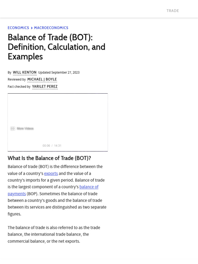 Balance of Trade (BOT) - Definition, Calculation, and Examples | PDF ...