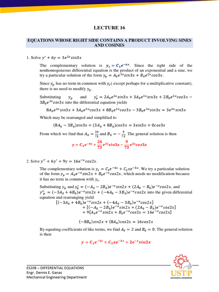 IM DE Chapter 4 Lect 16 PRODUCT INVOLVING SINES AND COSINES | PDF | Equations | Ordinary ...