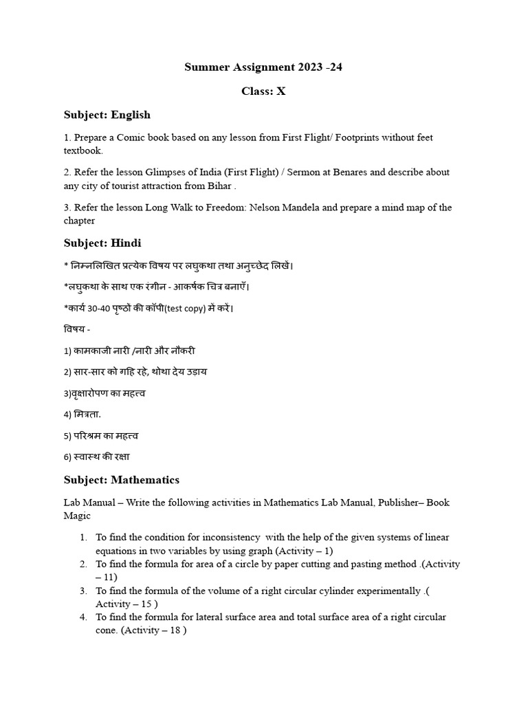 Summer Assignment 2023 - 24 Class: X Subject: English | PDF