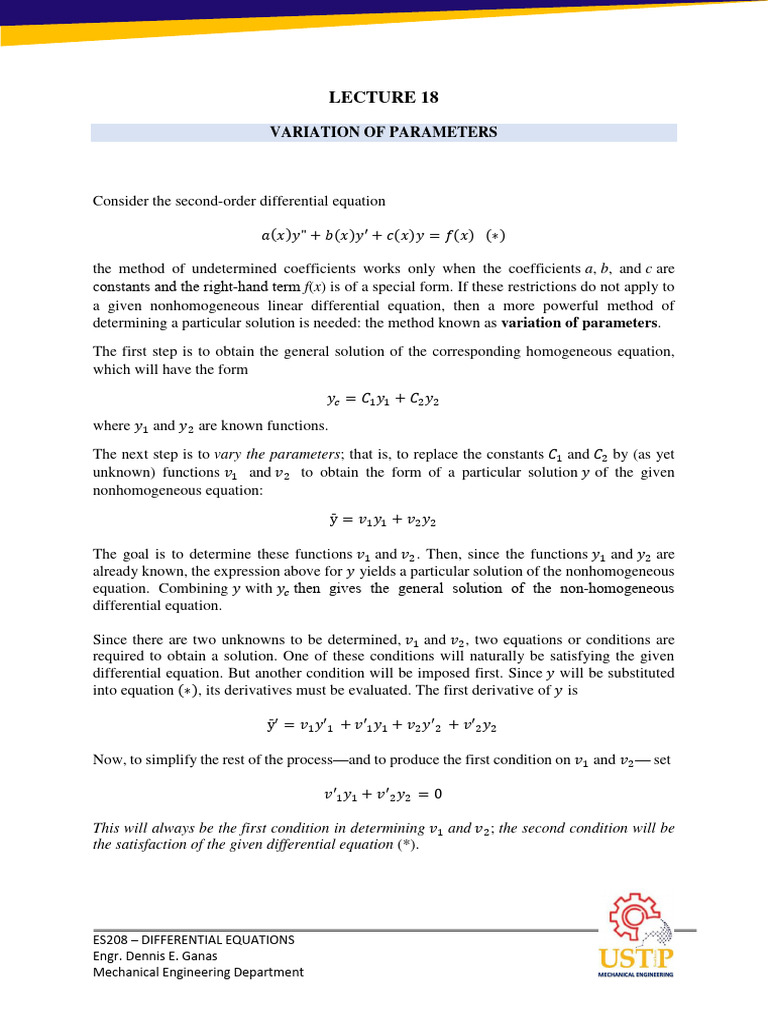 IM DE Chapter 4 Lect 18 VARIATION OF PARAMETERS Revised | PDF | Ordinary Differential Equation ...