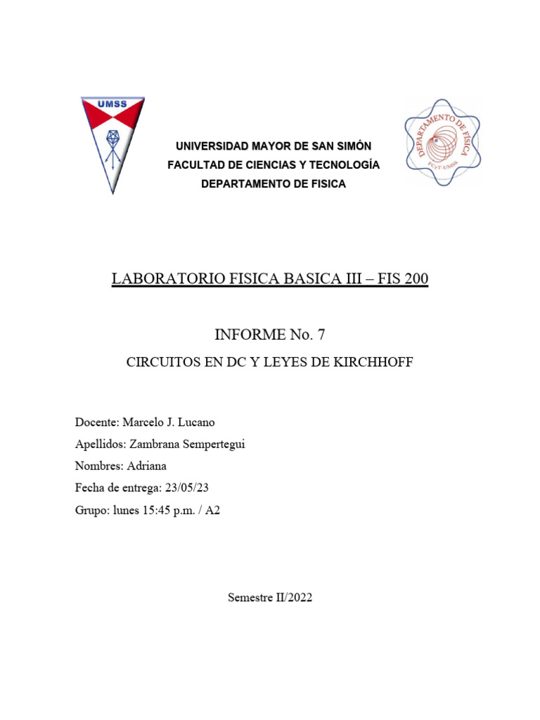 INFORME DE LABO 7 Zambrana Adriana | PDF | Resistencia Eléctrica y Conductancia | Ciencia de los ...