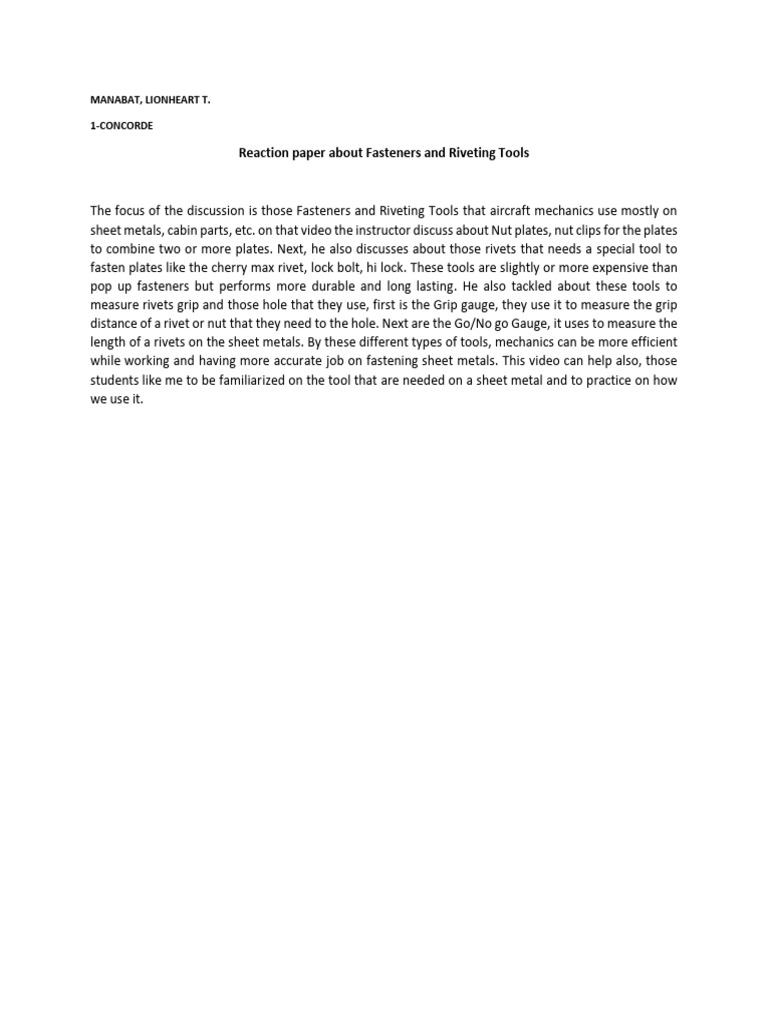 Reaction paper about Fasteners and Riveting Tools | PDF