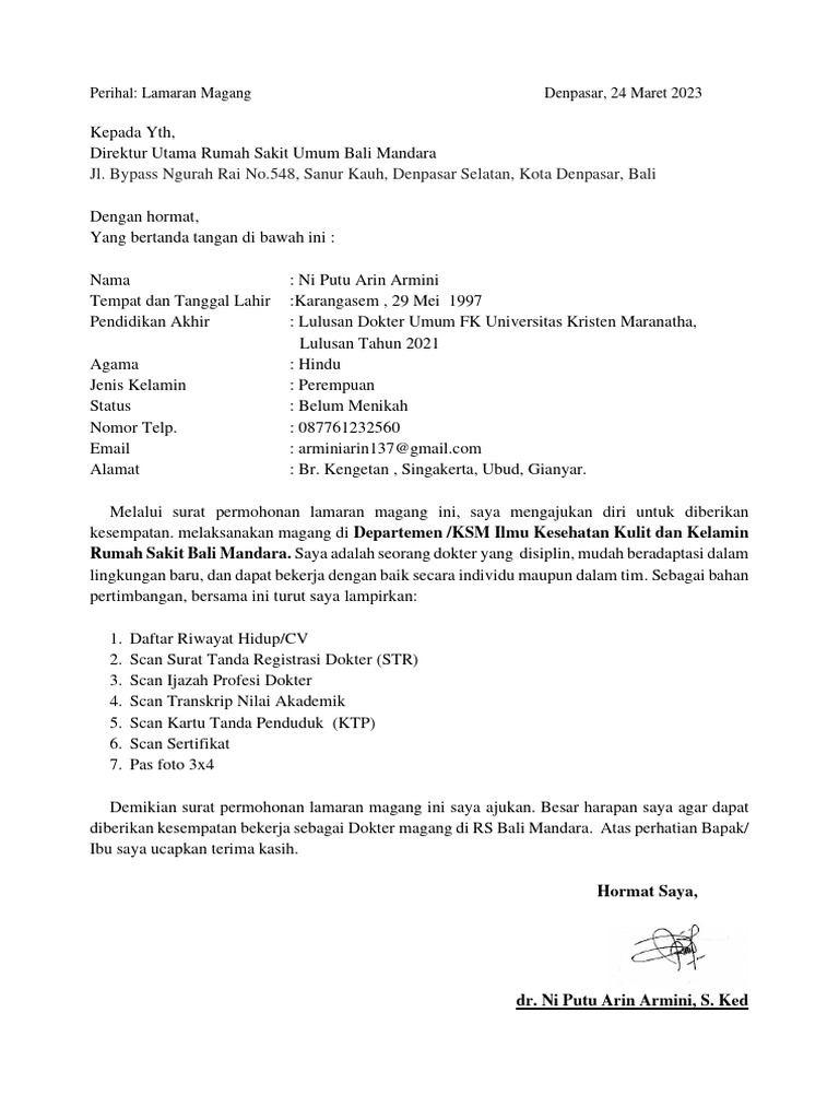 Lamaran Magang Bali Mandara | PDF