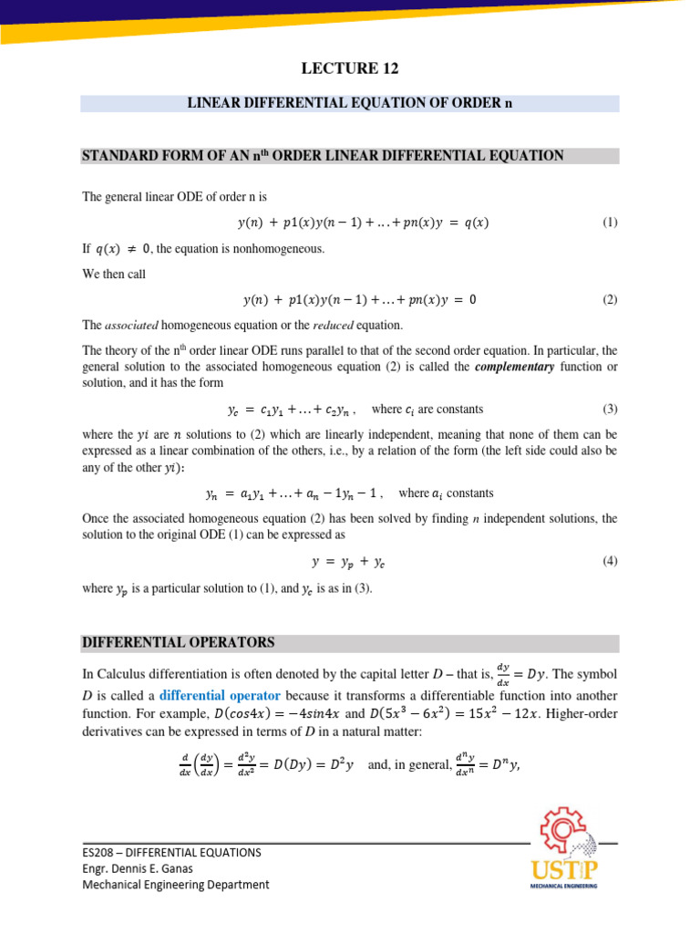 IM DE Chapter 4 Lect 12 HIGHER LINEAR DIFFERENTIAL EQUATIONS | PDF | Ordinary Differential ...