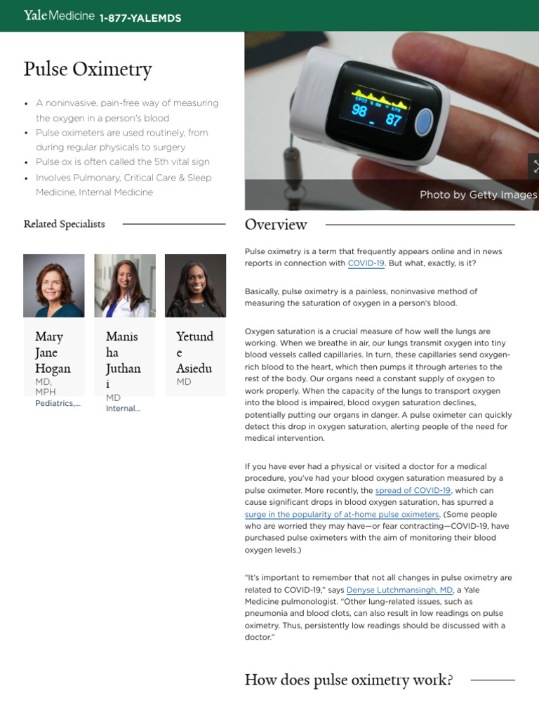 Pulse Oximetry _ Fact Sheets _ Yale Medicine | PDF | Respiratory ...