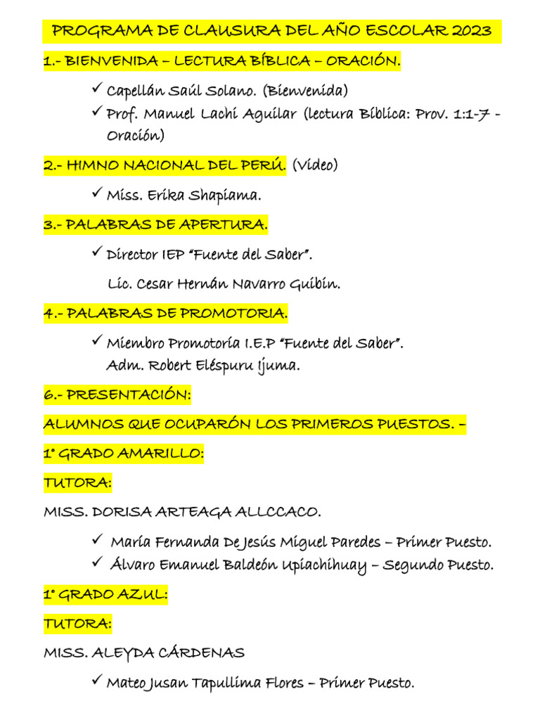 Programa de Clausura Del Año Escolar 2023 | PDF