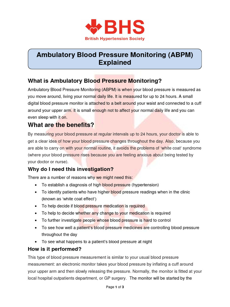 ABPM Explained - Patient Leaflet | PDF | Hypertension | Clinical Medicine ABPM Explained - Patient Leaflet | PDF | Hypertension | Clinical Medicine