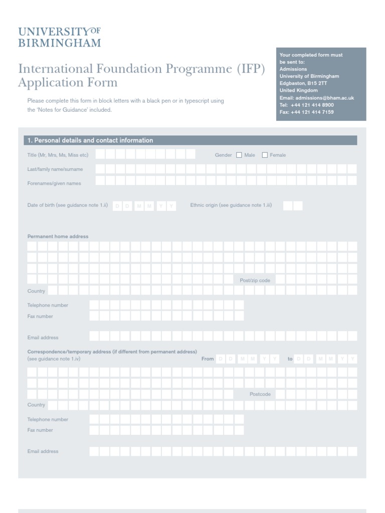 International Foundation Programme (IFP) Application Form: 1. Personal ...
