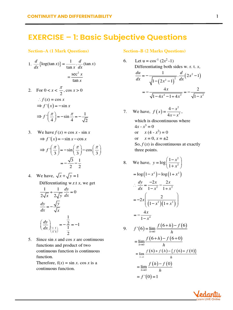 Continuity - Differetiability Solutions (Exercise 1) | PDF ...