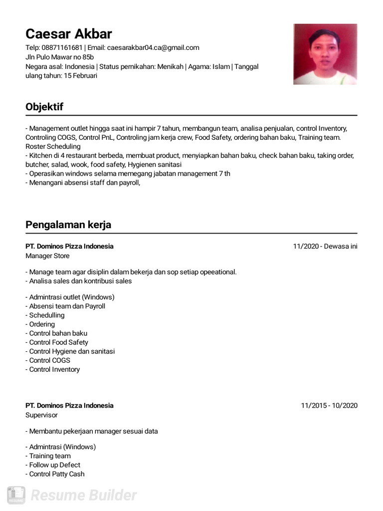 Resume Manajer Restoran Berpengalaman | PDF | Karier & Perkembangan