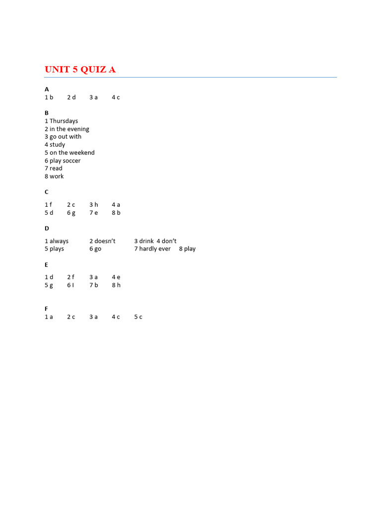 Evolve L1 Unit 5 Quiz A AnswerKey | PDF
