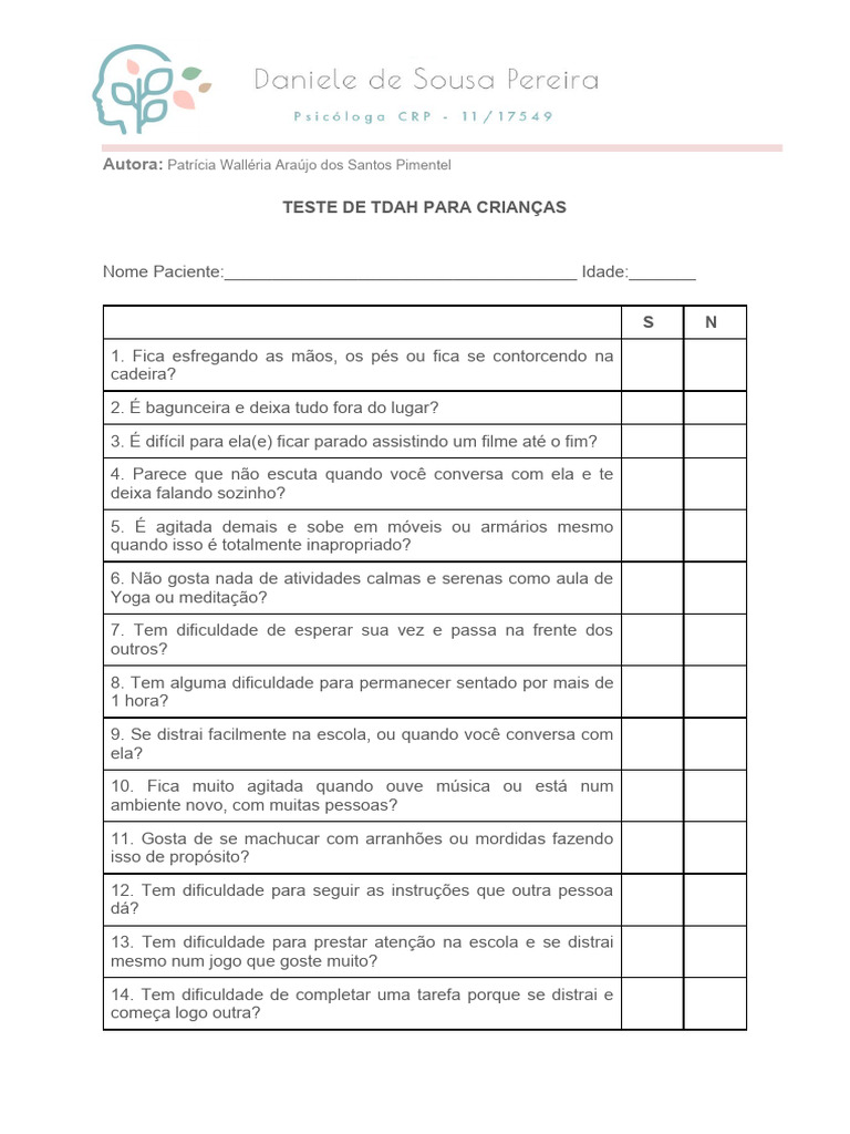 Teste de TDAH Infantil e Avaliação | PDF | Transtorno de déficit de ...