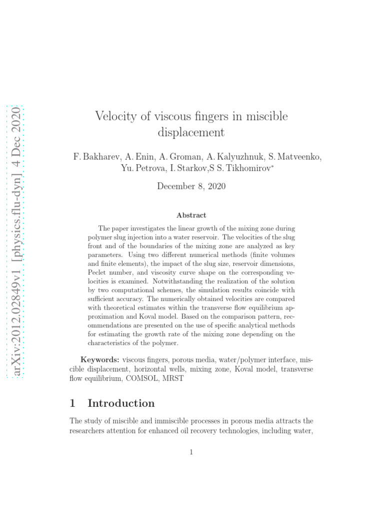 Velocity of Viscous Fingers in Miscible Displaceme | PDF | Viscosity | Diffusion