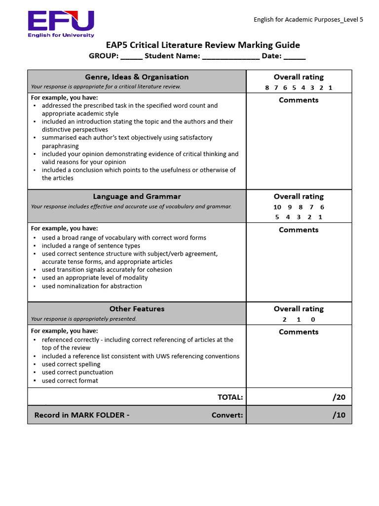 EAP5 Critical Literature Review Marking Guide | PDF | English Language ...