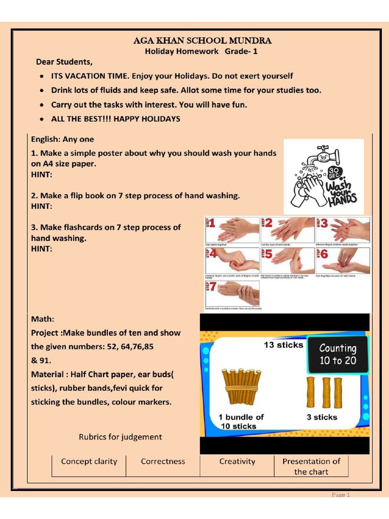 Holiday Homework Grade 1 | PDF