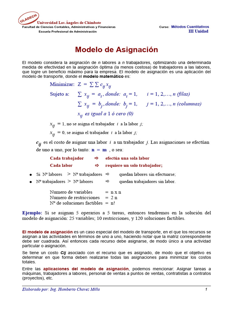 Modelo de Asignacion | PDF | Matriz (Matemáticas) | Matemáticas Aplicadas