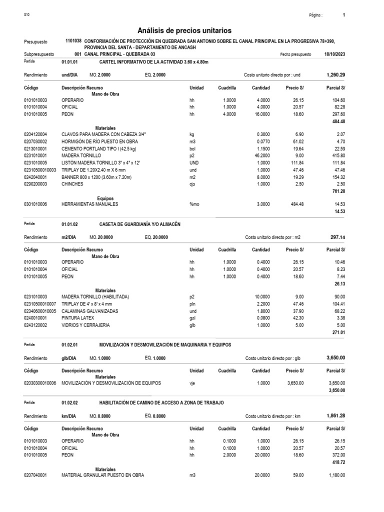 Análisis de Precios Unitarios: Página | PDF