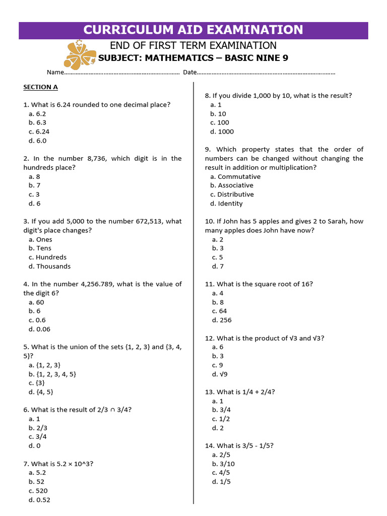 B9 Maths Term 1 Sample Questions | PDF | Numbers | Significant Figures