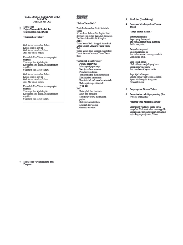 Tata Ibadah ONKP Jakarta 2023 | PDF