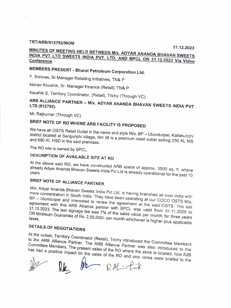 Annexure 5 - MOM - A2B Ulundurpet | PDF | Business | Economies