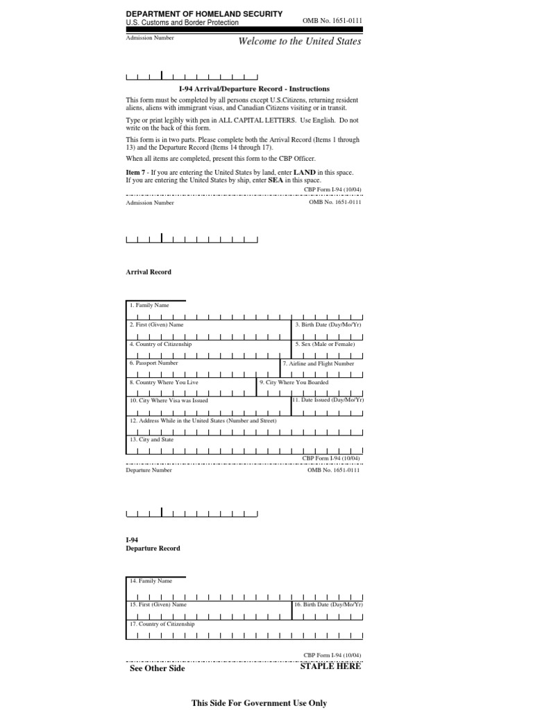 Sample I94 Form | PDF | U.S. Customs And Border Protection | Cultural ...