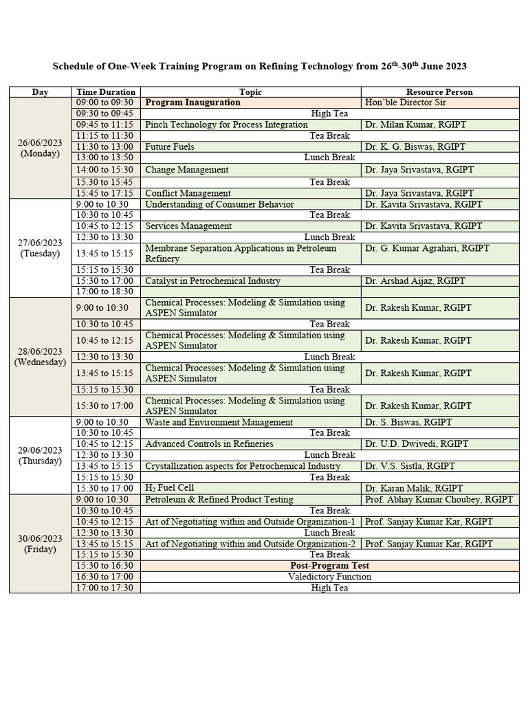 Schedule_IOCL Training_2023_revised | PDF | Chemical Process ...