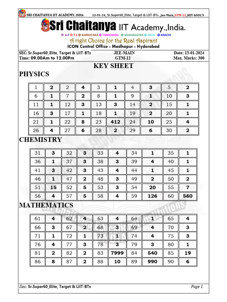 13 01 2024 - SR - Super60 - Elite, Target & LIIT BTs - Jee Main GTM 12 - KEY & Sol's | PDF ...
