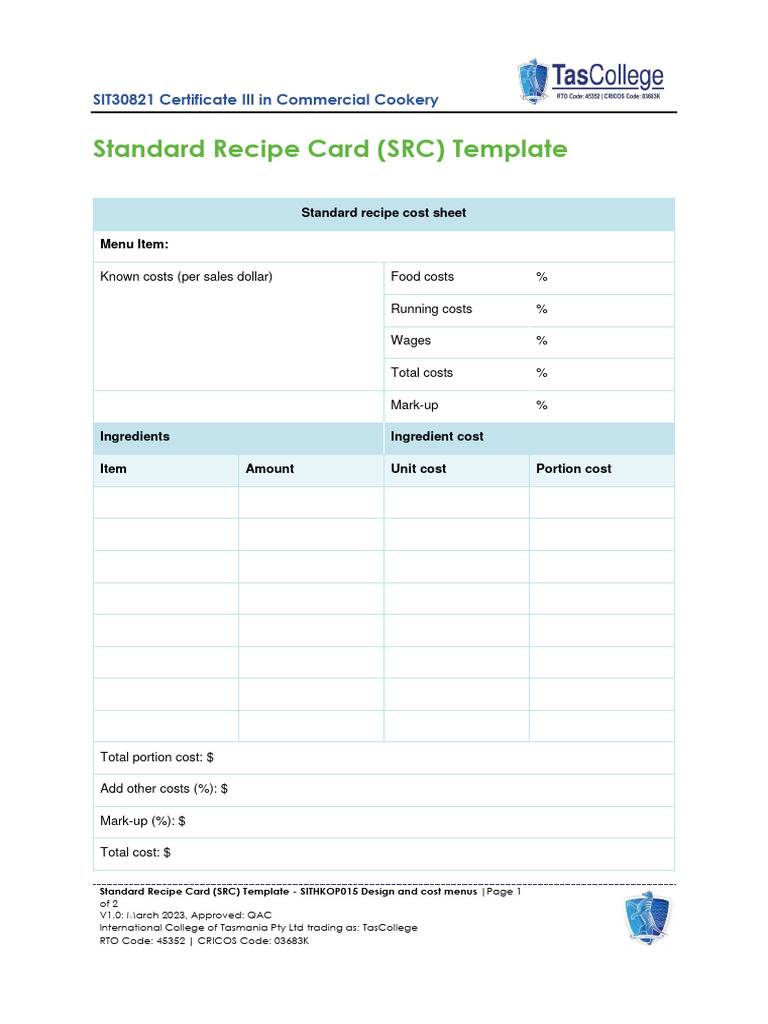 SIT30821_SITHKOP015_V1.0_Standard-Recipe-Card--SRC--Template.v1.0 | PDF