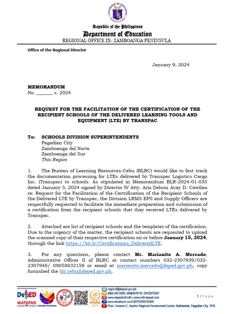 Memo - Request For Facilitation of The Certification | PDF | Service ...