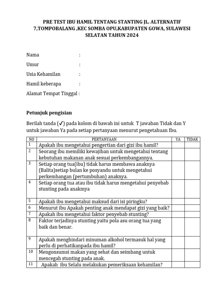 Pre-Test Pengetahuan Stunting Ibu Hamil | PDF
