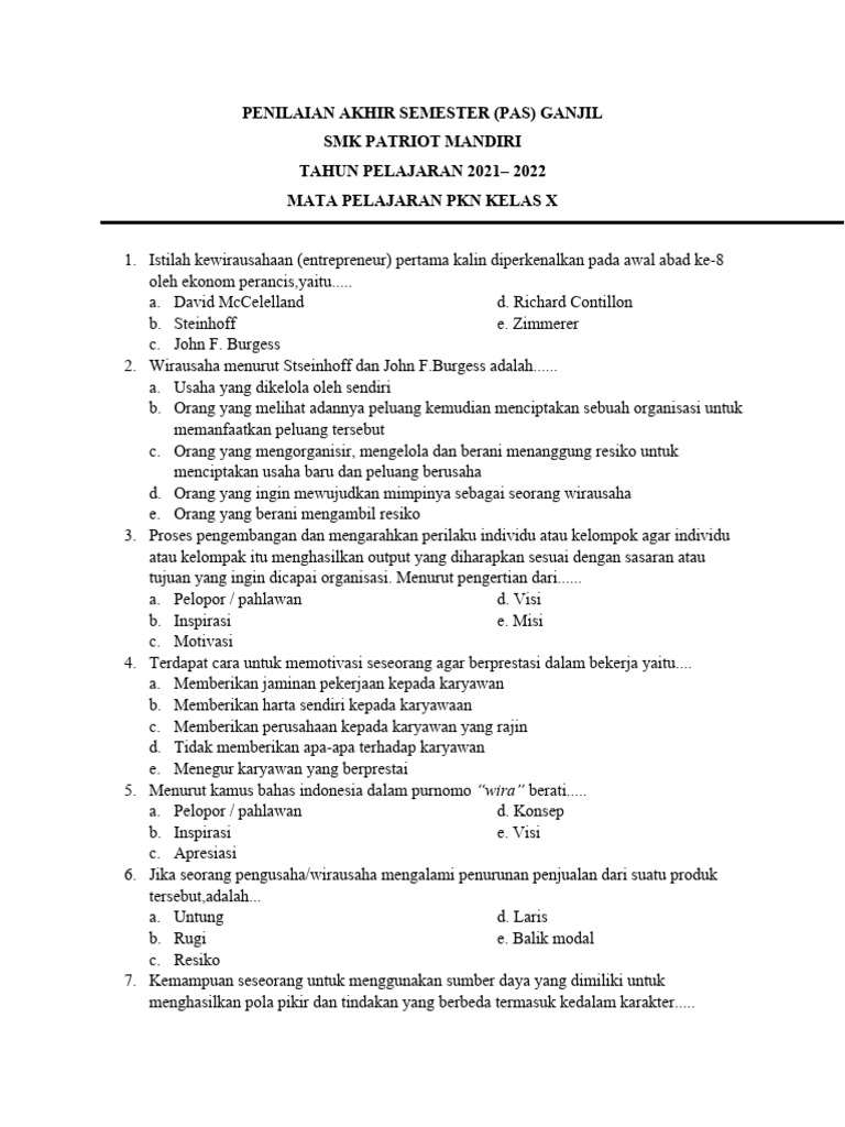 Soal PAS PKN Kelas X SMK 2021-2022 | PDF | Bisnis | Seni