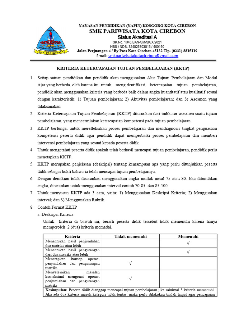 Kriteria Ketercapaian Tujuan Pembelajaran (KKTP) | PDF