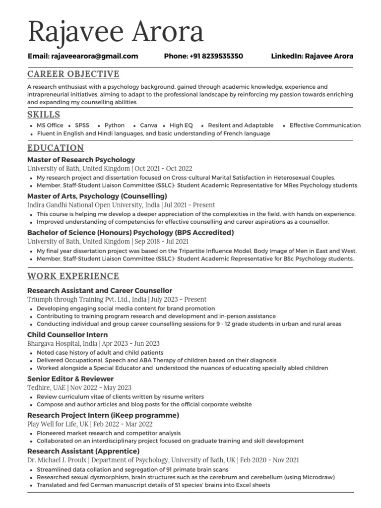 Rajavee Arora: Psychology Professional | PDF | Psychology