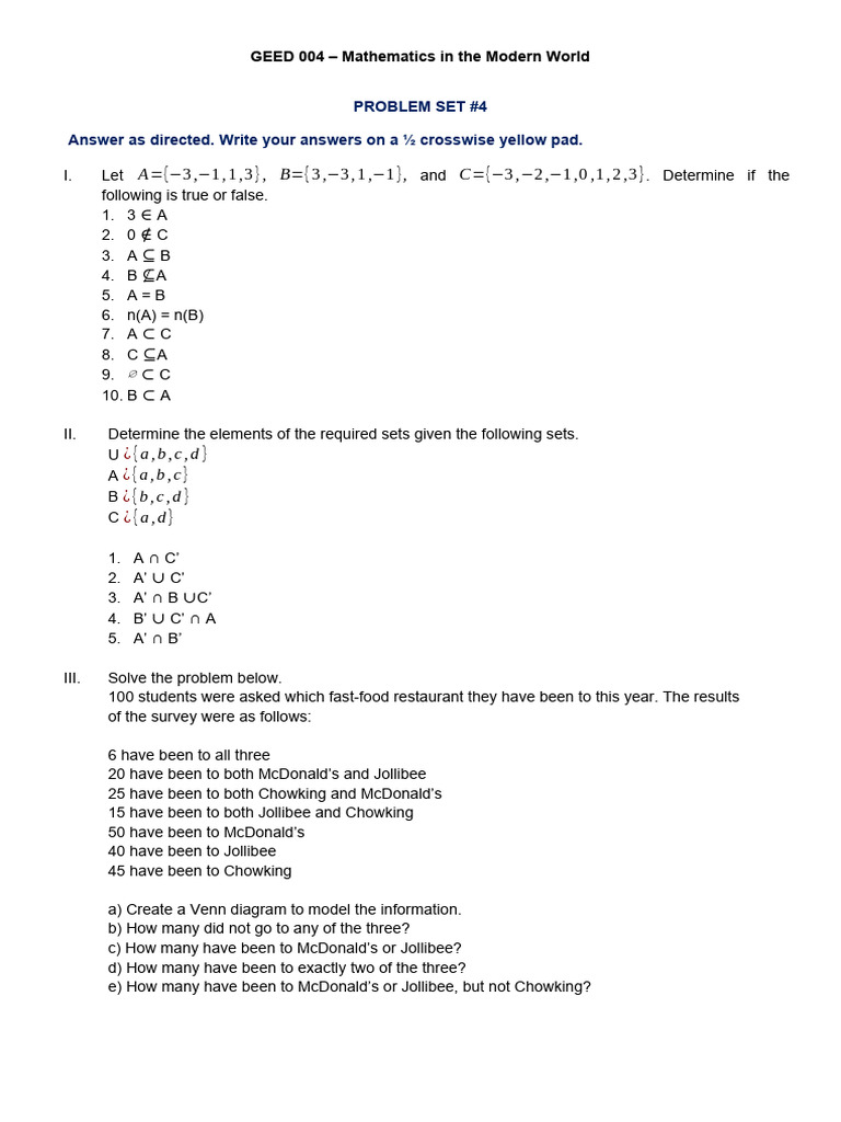 Math Problem Set: Set Theory & Venn Diagrams | PDF
