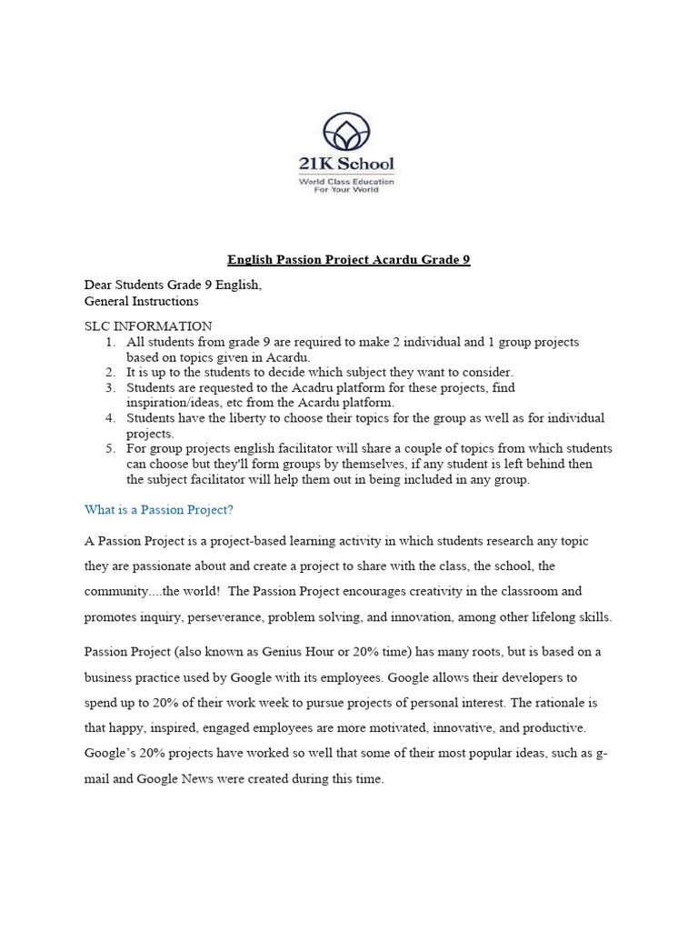 Grade 9 English Passion Project Guide | PDF | Information | Communication