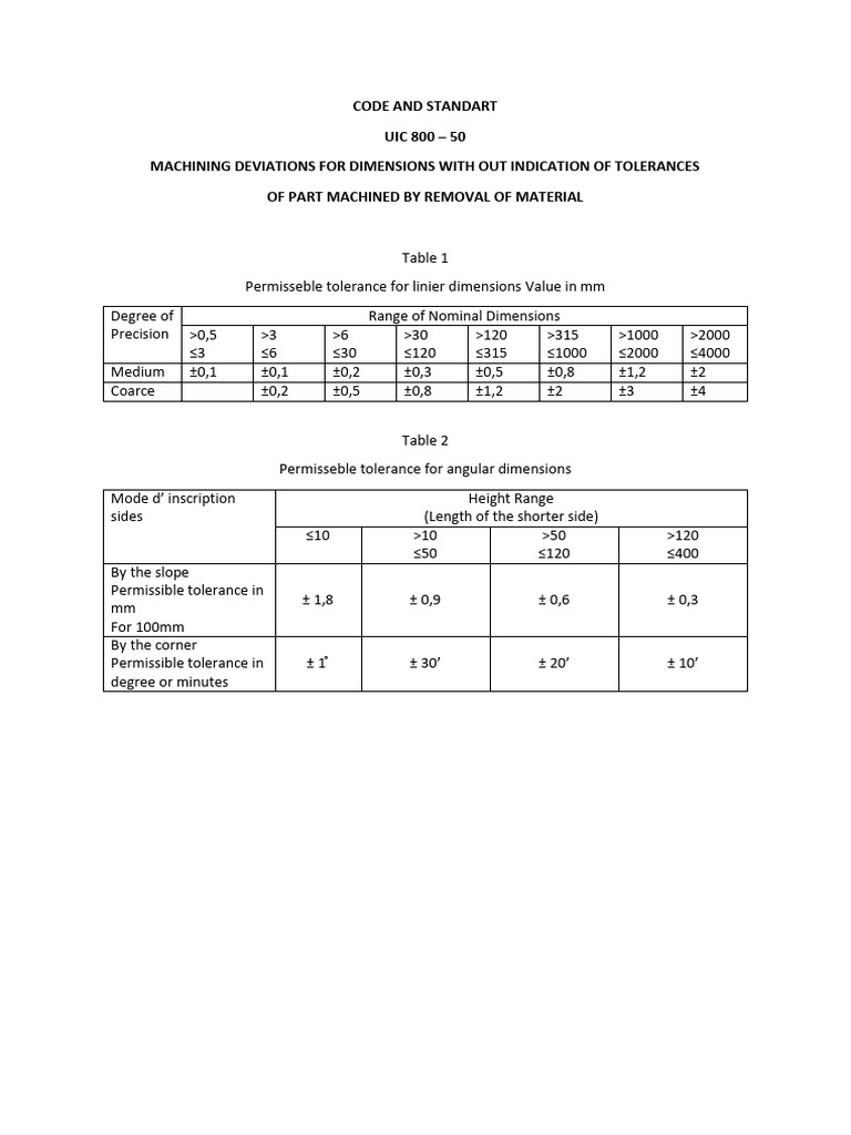 UIC 800 Standards for Machining Tolerances | PDF | Engineering ...