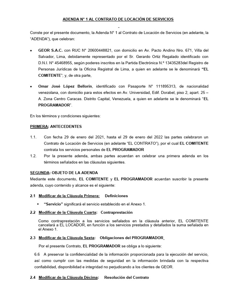 Adenda al Contrato de Servicios | PDF