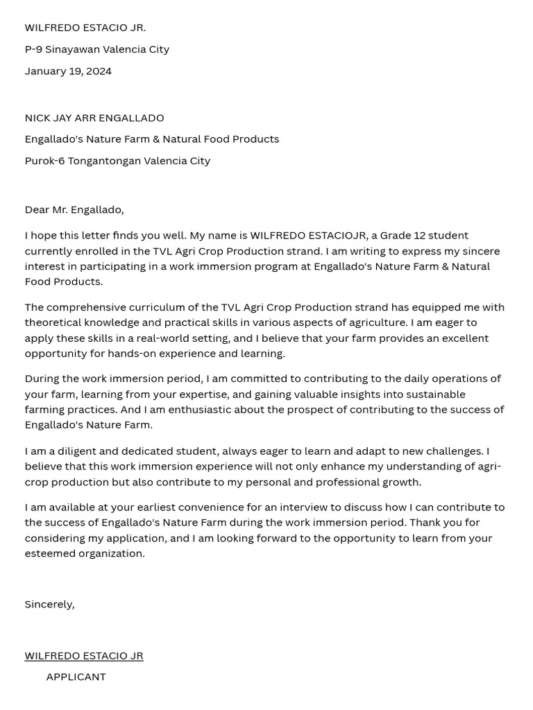 Work Immersion Application for Farm Experience | PDF | Technology ...