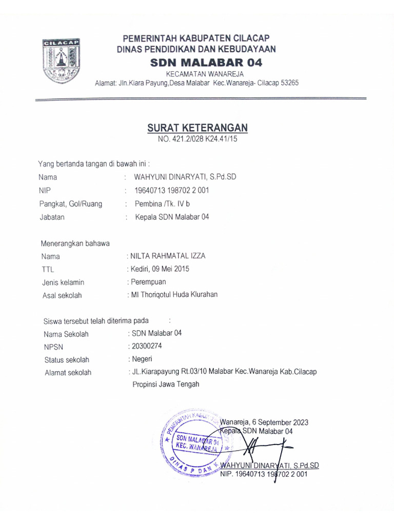 Surat Keterangan Diterima Sekolah | PDF
