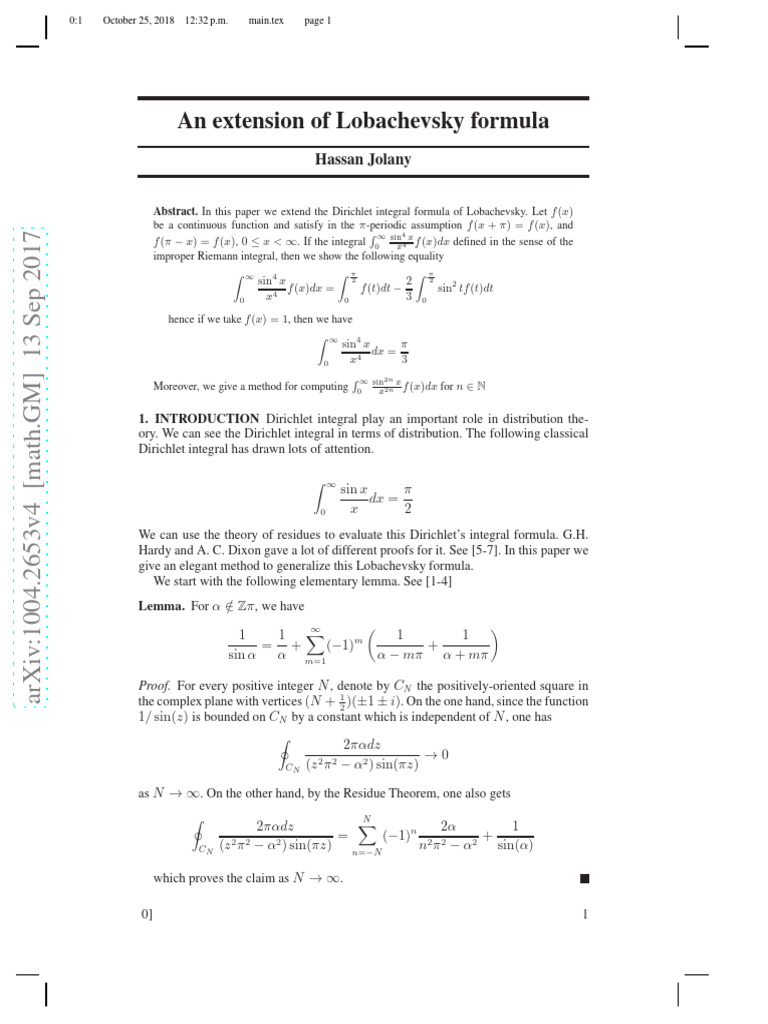 An Extension of Lobachevsky Formula: Hassan Jolany | PDF | Mathematics ...