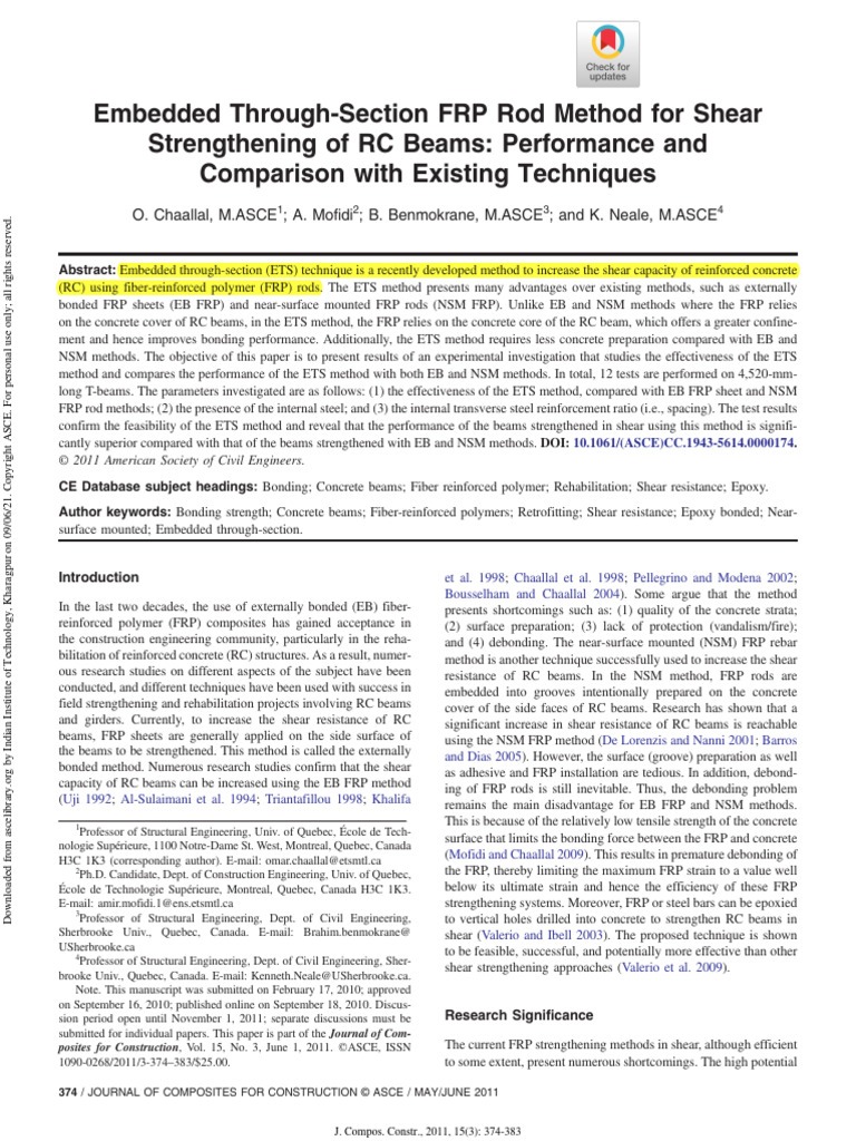 2011 - Chaallal - ETS FRP For Shear Strenghtening of RC Beams ...