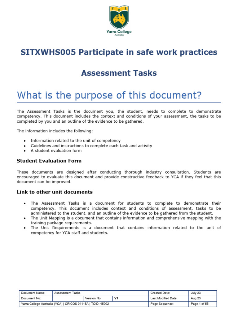 SITXWHS005 Assessment Tasks | PDF | Finance & Money Management